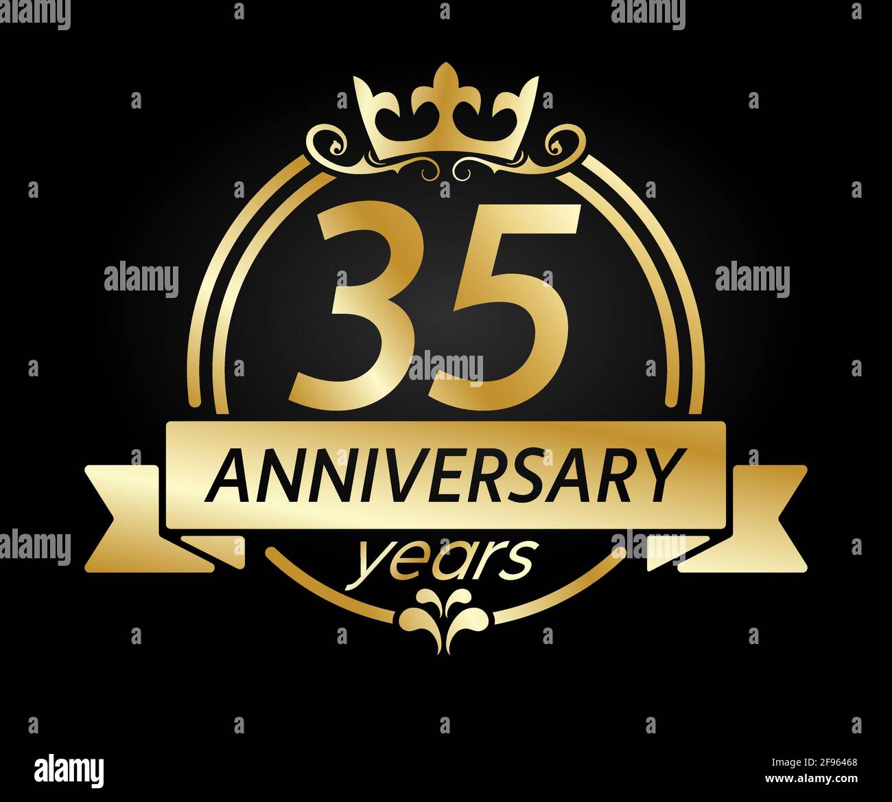 35 year anniversary. Gold round frame with crown and ribbon. Vector ...