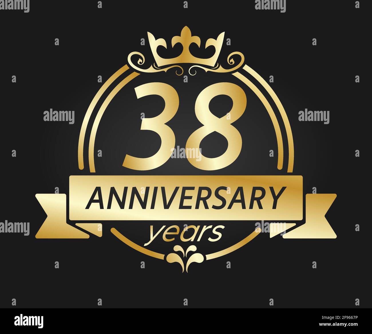 38 year anniversary. Gold round frame with crown and ribbon. Vector ...