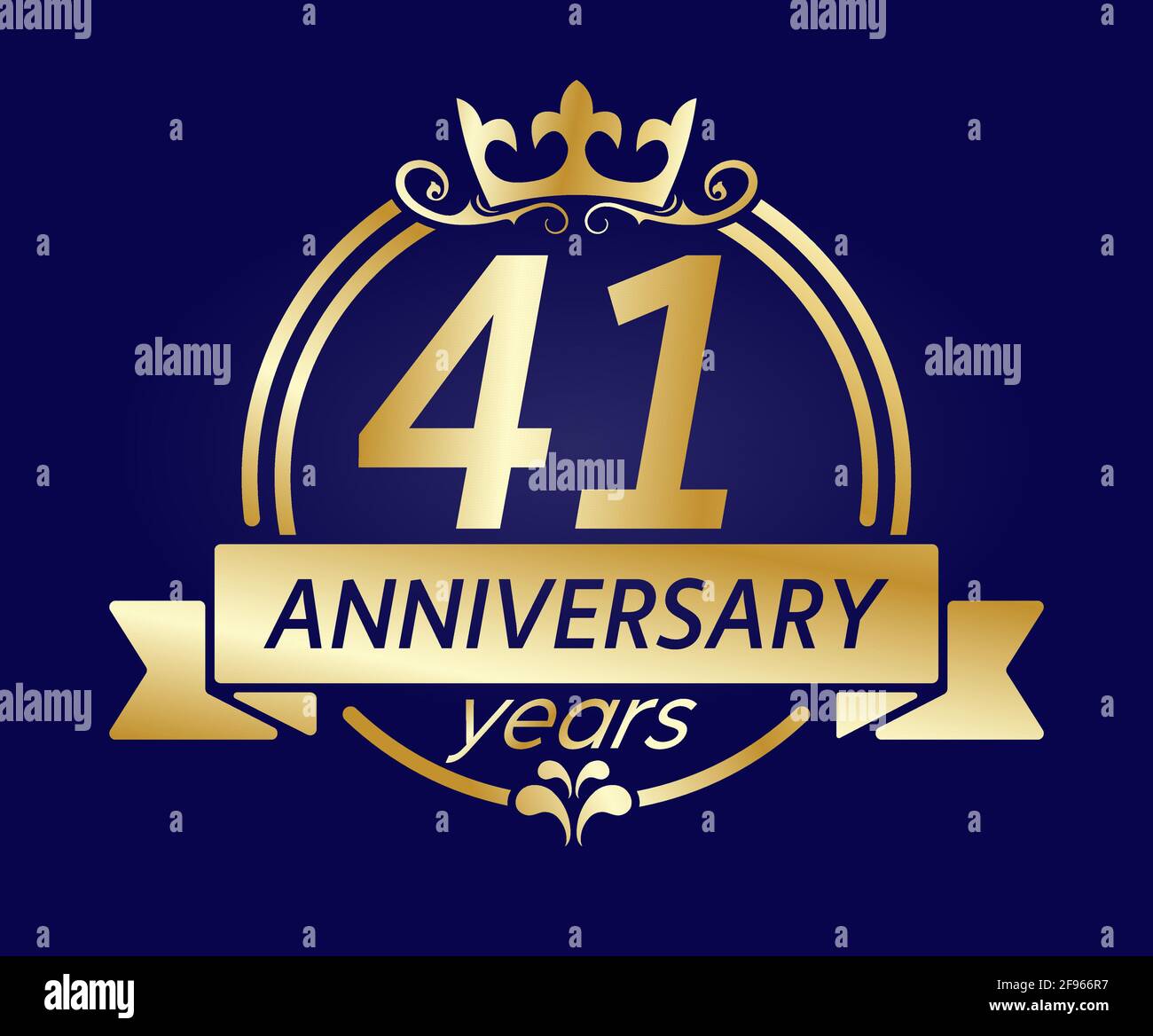41 year anniversary. Gold round frame with crown and ribbon. Vector ...