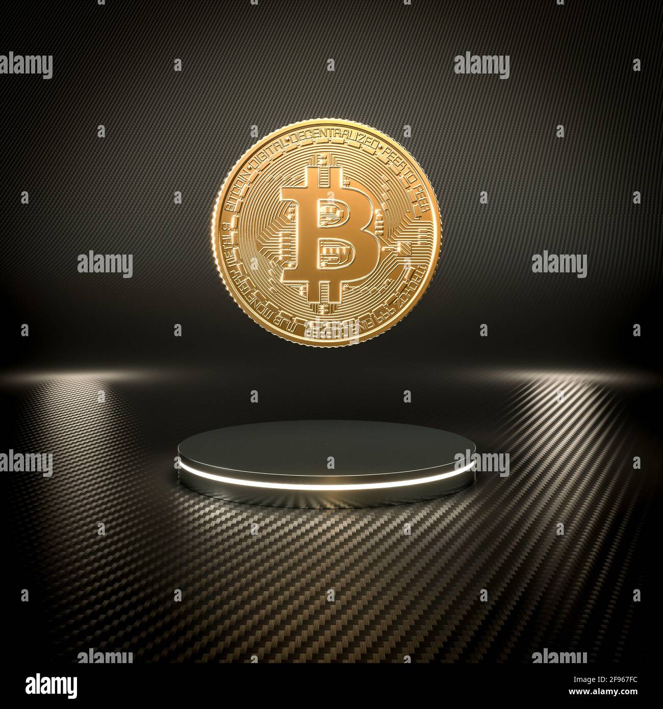 gold bitcoin coin on carbon fiber podium. 3d render Stock Photo - Alamy