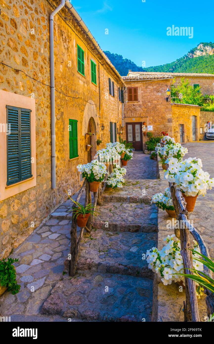 View of a narrow street in the spanish town Valldemossa at Mallorca ...