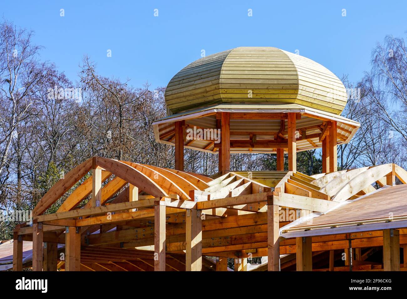 new wooden building frame with a round domed tower frame Stock Photo ...