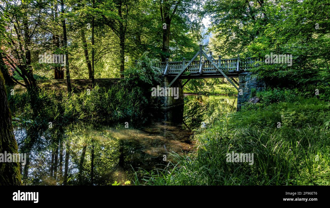 Matzen Castle Park, bridge, water, water reflections Stock Photo - Alamy