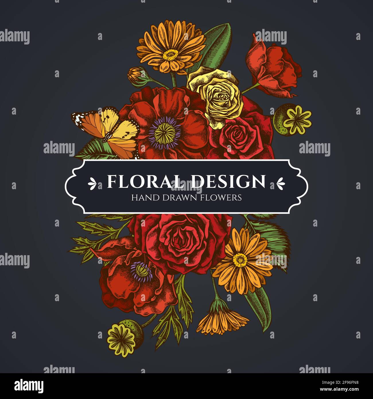Floral bouquet dark design with poppy flower, calendula, plain tiger ...