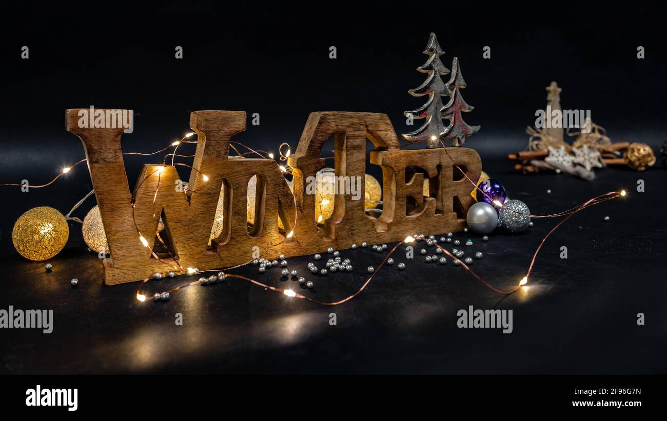 Christmas decoration, lettering winter, still life Stock Photo - Alamy