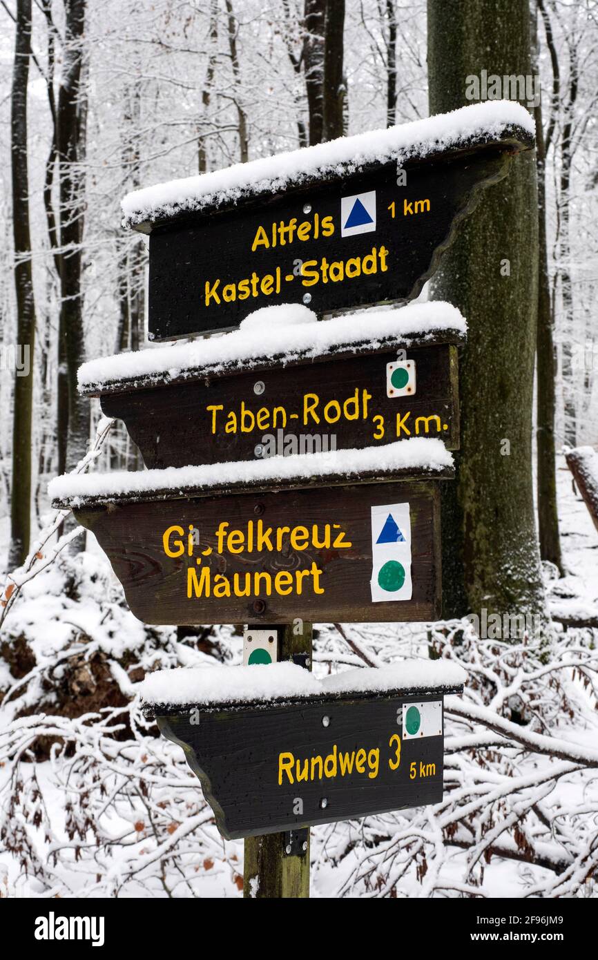 Hiking signs in the winter forest, Freudenburg, Saargau, Saar-Hunsrück ...