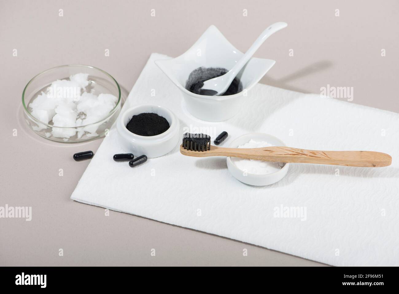 Homemade charcoal powder Toothpaste. Home beauty concept. Close up ...