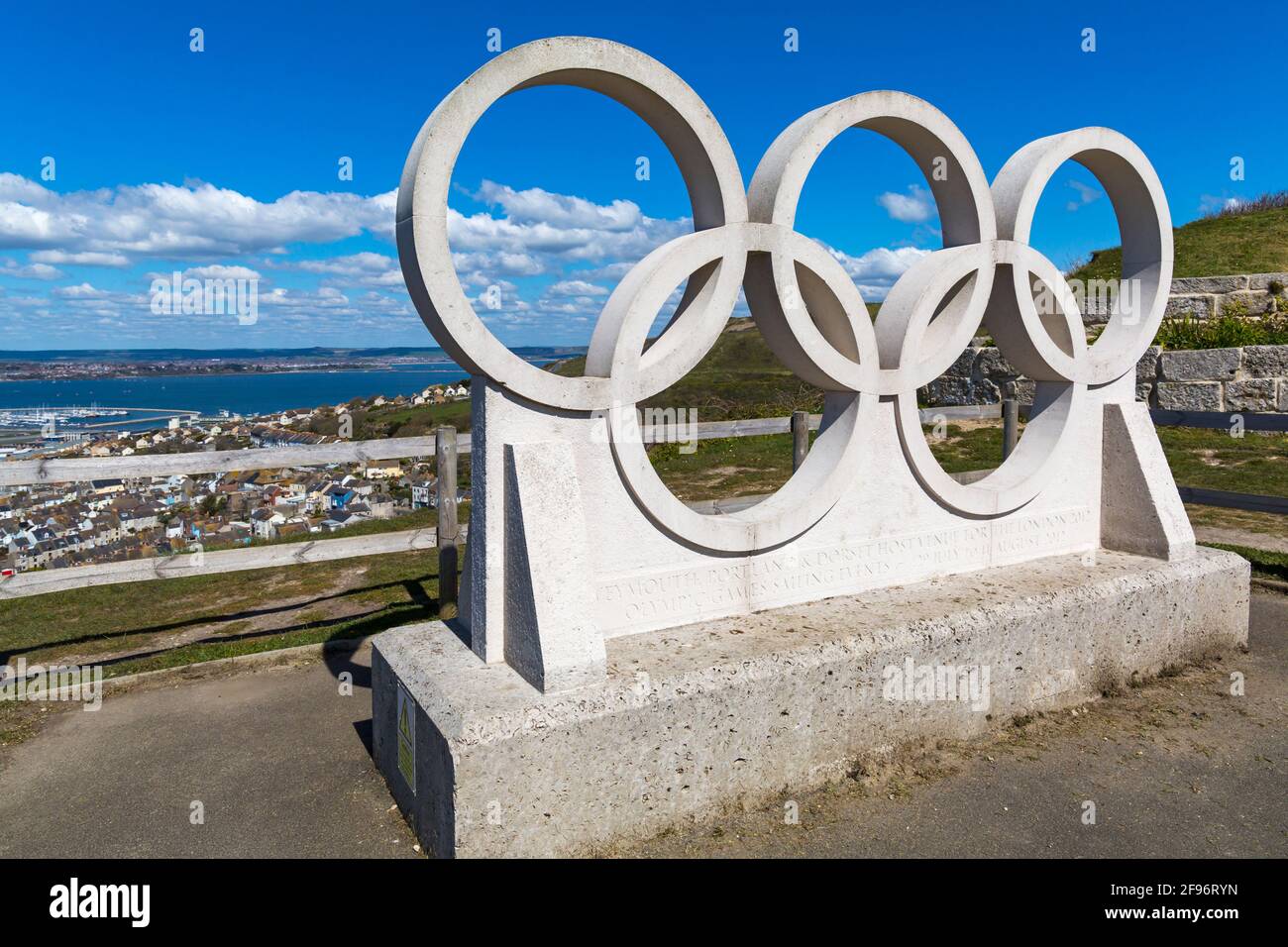 Olympic rings sculpture with Chesil Bank and the Fleet Lagoon in the ...