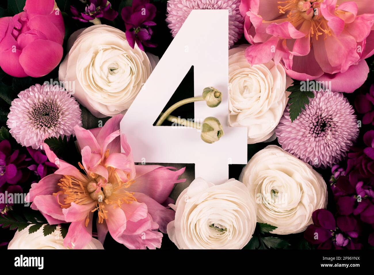 Layout with colorful flowers, leaves and number four. Chrysanthemum ...