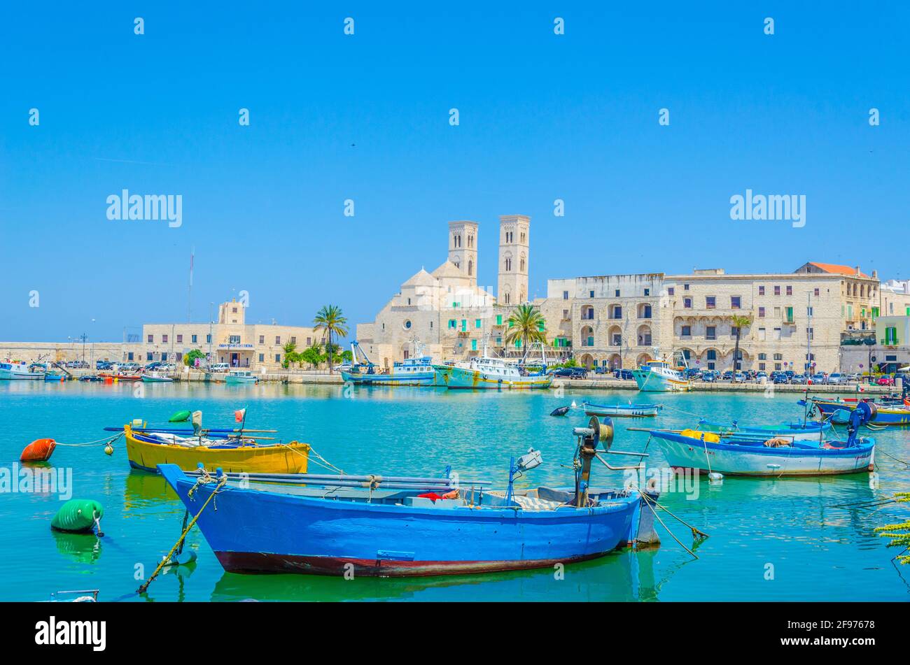 View of the port of Molfetta dominated by a majestic building of the ...