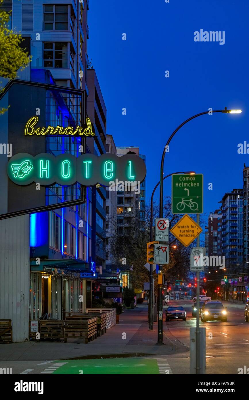 Burrard Hotel, night, downtown, Vancouver, British Columbia, Canada ...