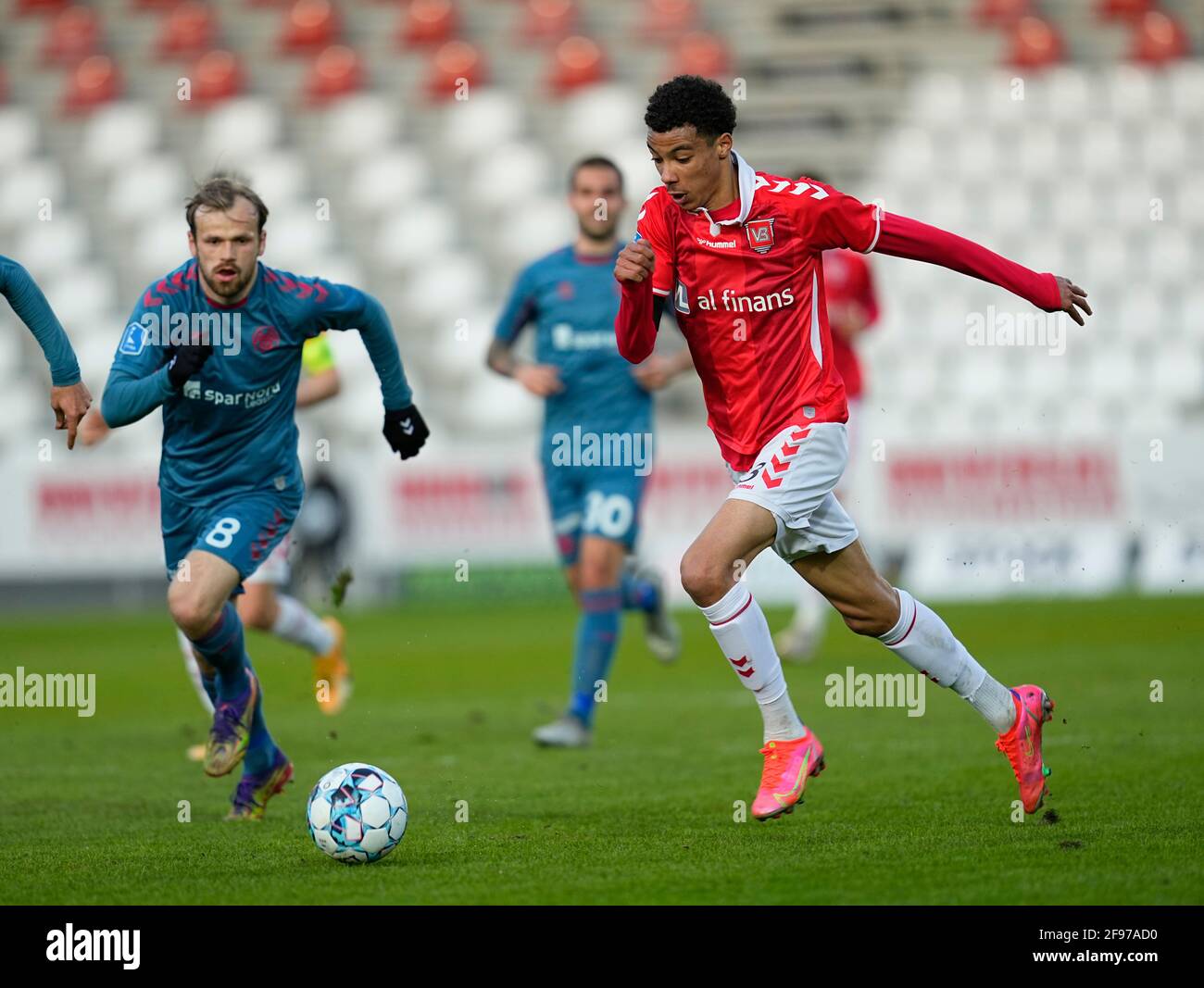 Vejle Stadium, Vejle, Denmark. 16th Apr, 2021. Vejle BK's Hugo Ekitike ...