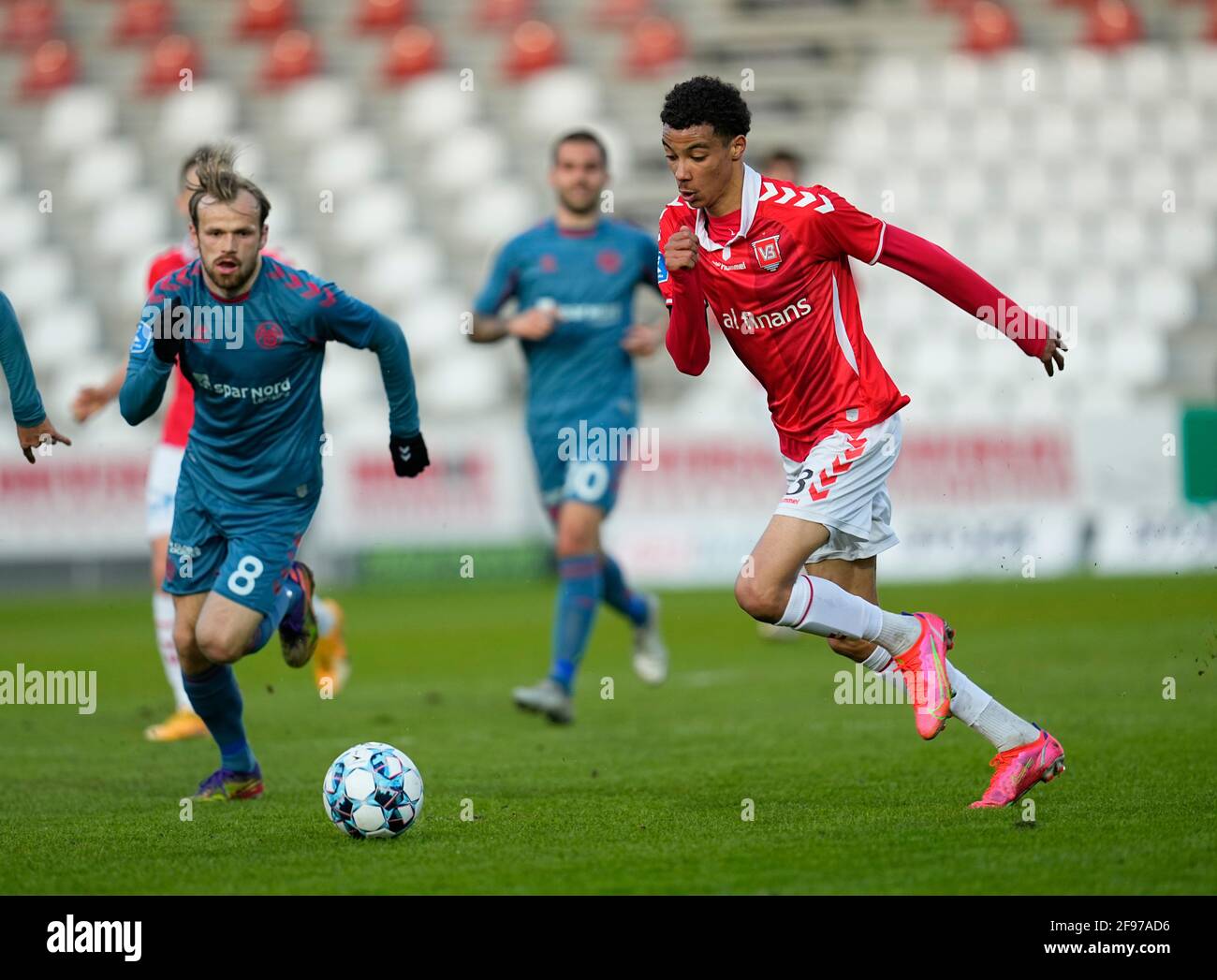 Vejle Stadium, Vejle, Denmark. 16th Apr, 2021. Vejle BK's Hugo Ekitike ...