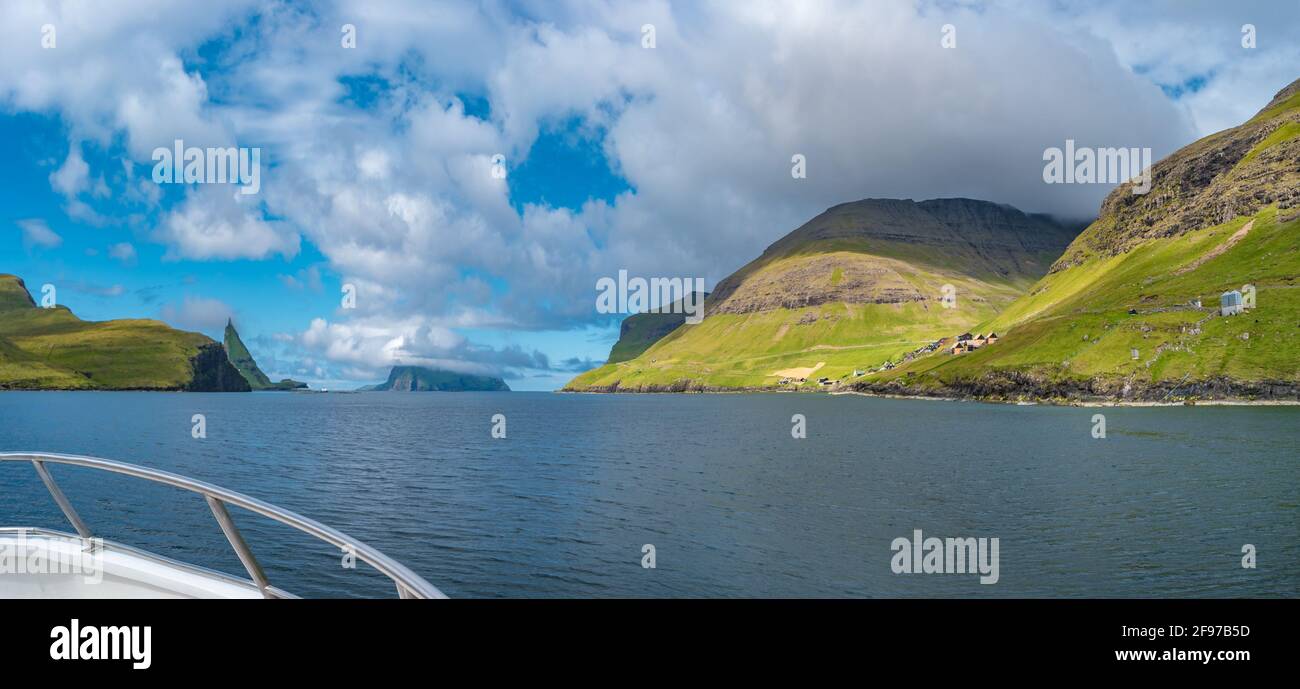 Panoramic view of fjords from a touristic ship is going towards Mykines ...