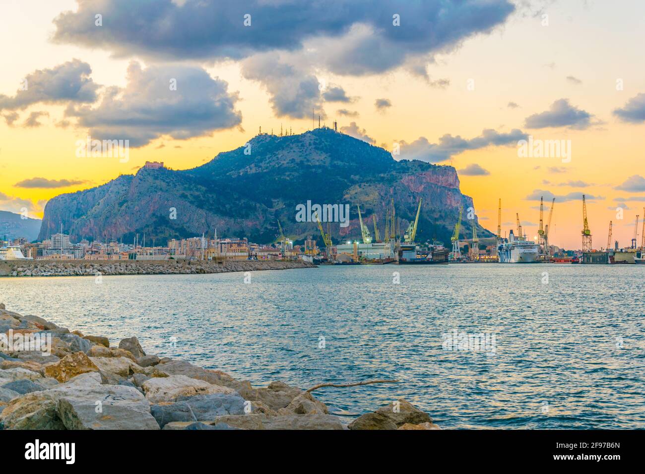 View of seaside of the sicilian city Palermo during sunset, Italy Stock ...