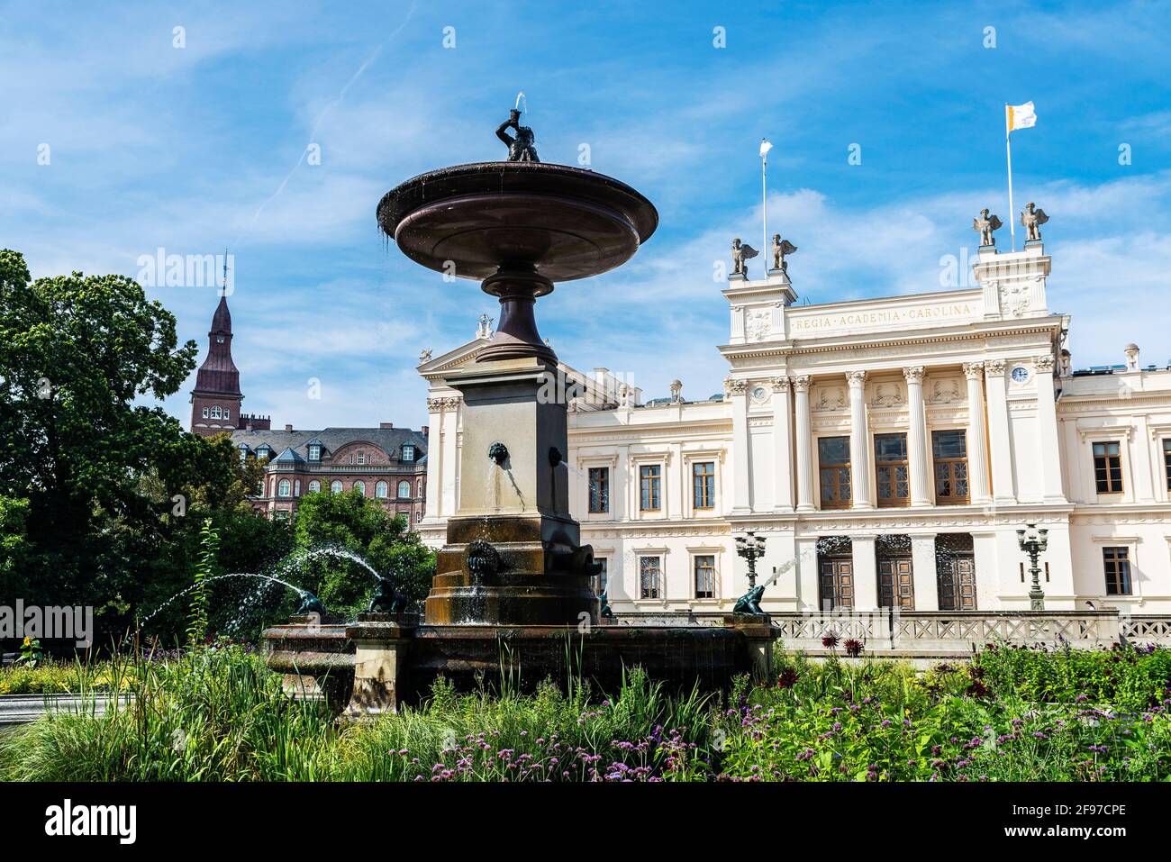 Fountain and the classic facade of the main buiding of the Lund ...