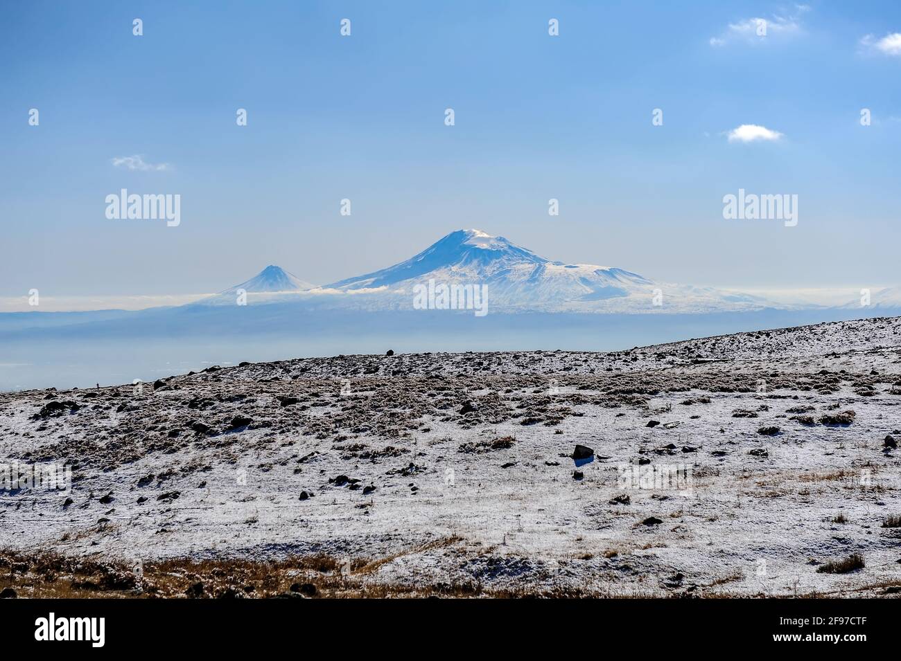 Scenic winter view of mount Ararat from slopes of Aragats mountain in ...