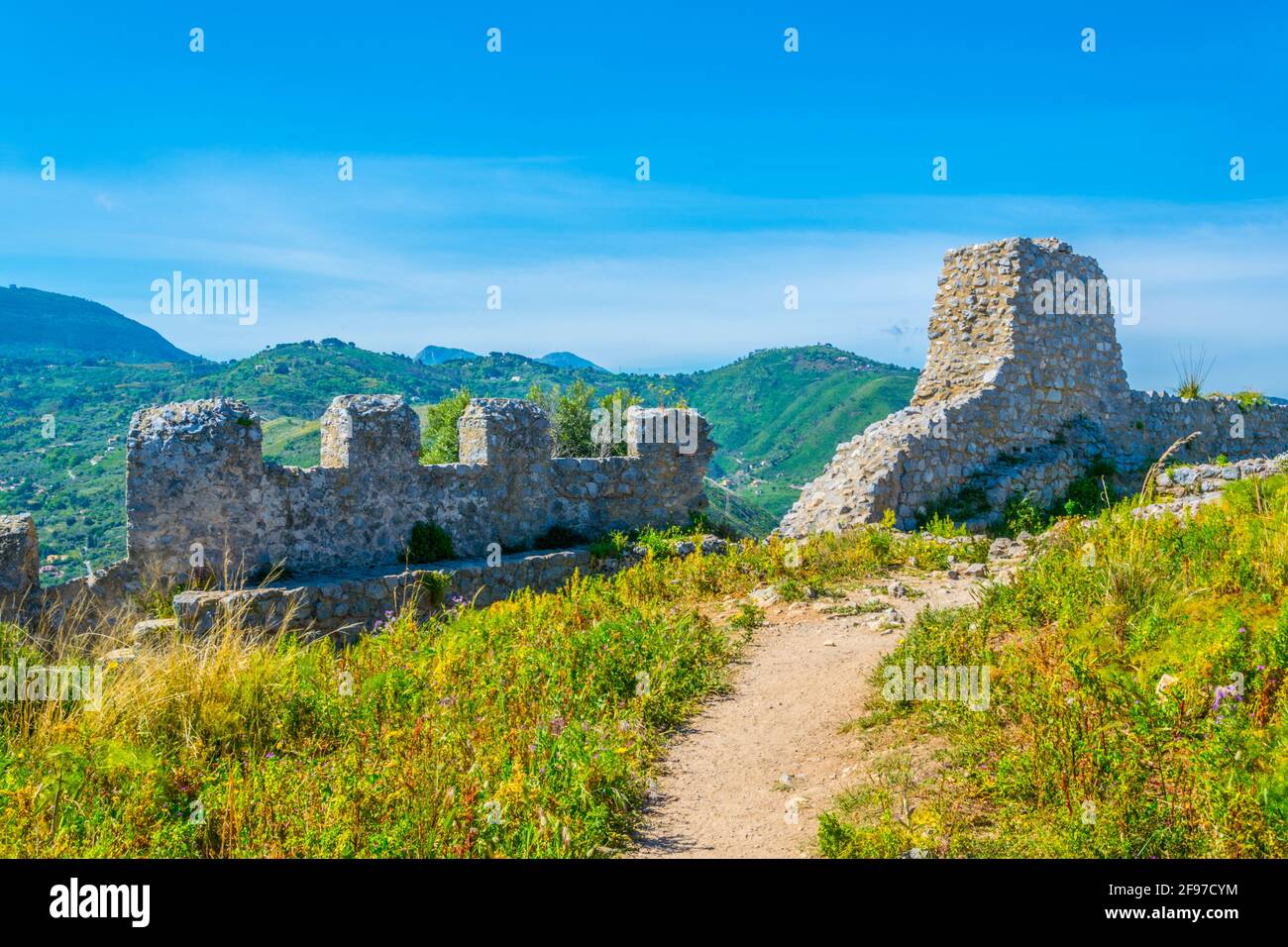 Ruins of a castle situated on La Rocca mountain in Cefalu, Sicily ...