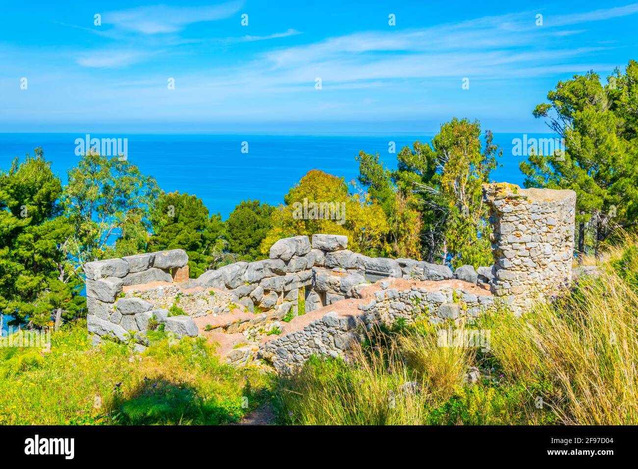 Ruins of a castle situated on La Rocca mountain in Cefalu, Sicily ...