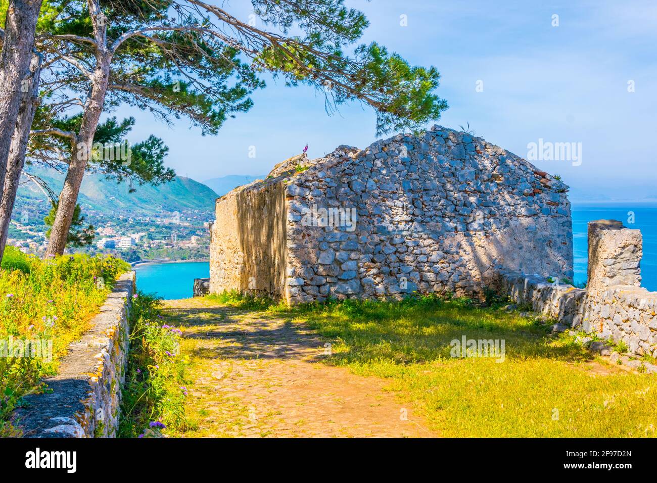 Ruins of a castle situated on La Rocca mountain in Cefalu, Sicily ...