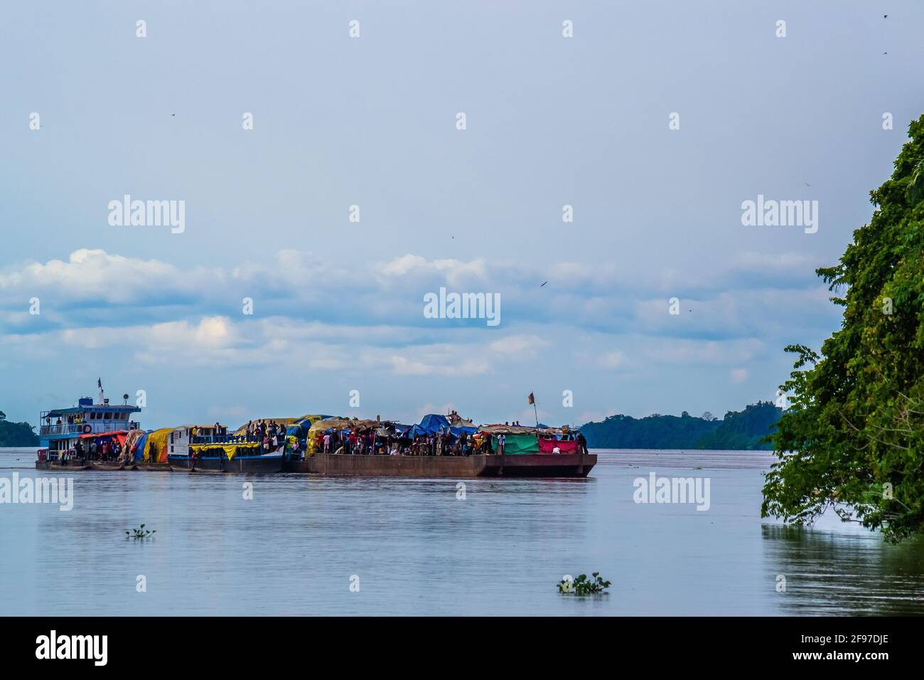Floating down the Congo river, passengers and cargo together on a barge ...