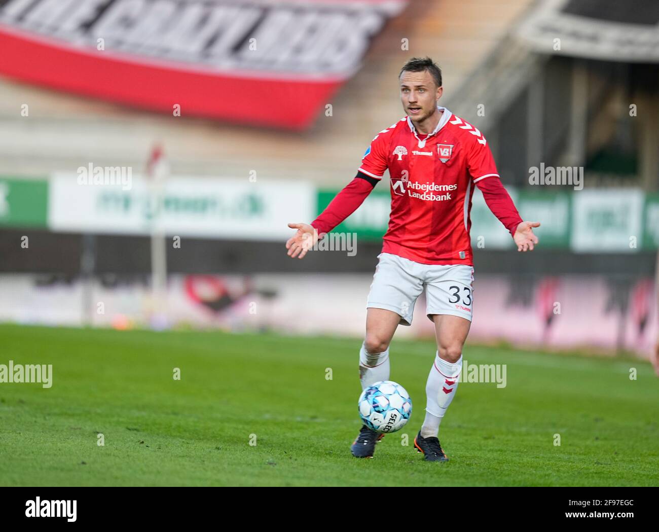Vejle Stadium, Vejle, Denmark. 16th Apr, 2021. Vejle BK's Pierre ...