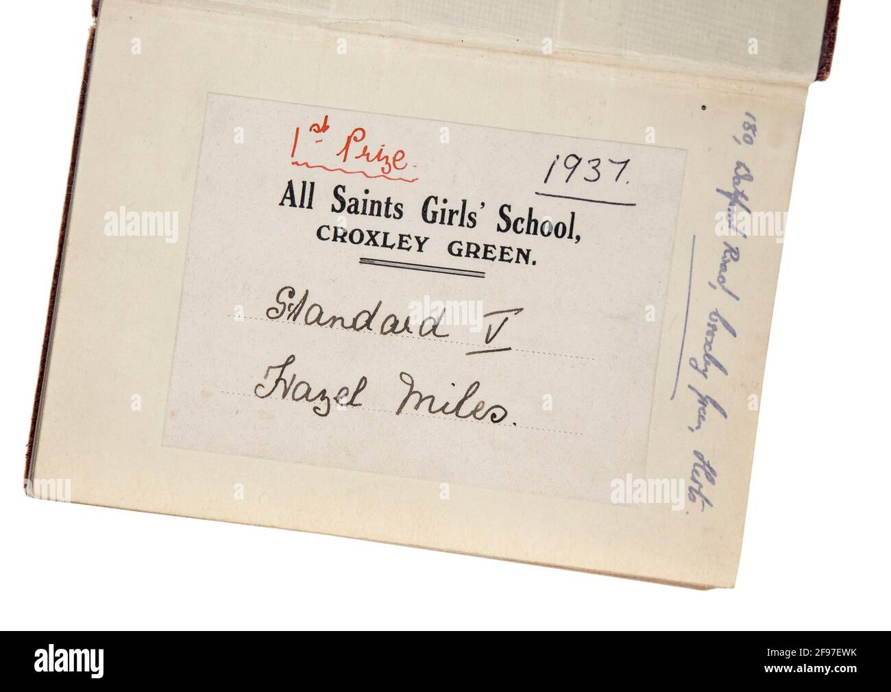 Inscription in Holy Bible with 1st prize sticker from All Saints Girls ...