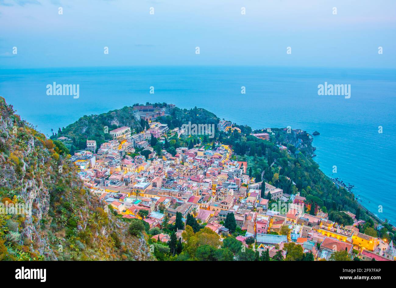 Aerial view of Taormina during sunset, Sicily, Italy Stock Photo - Alamy