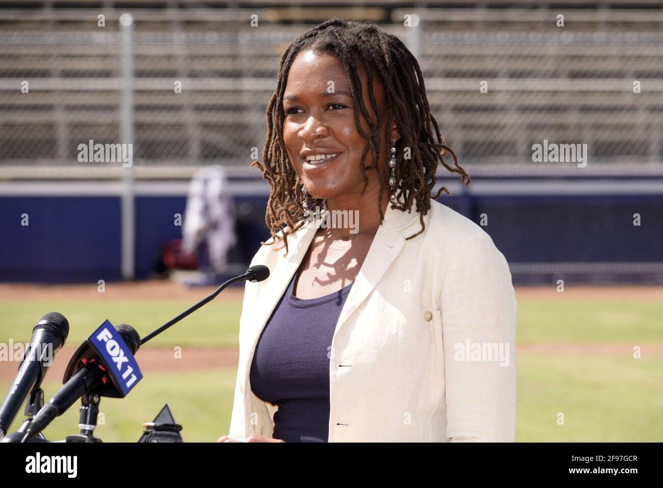 Ayo Robinson speaks at a Los Angeles Dodgers Foundation Dreamfields ...