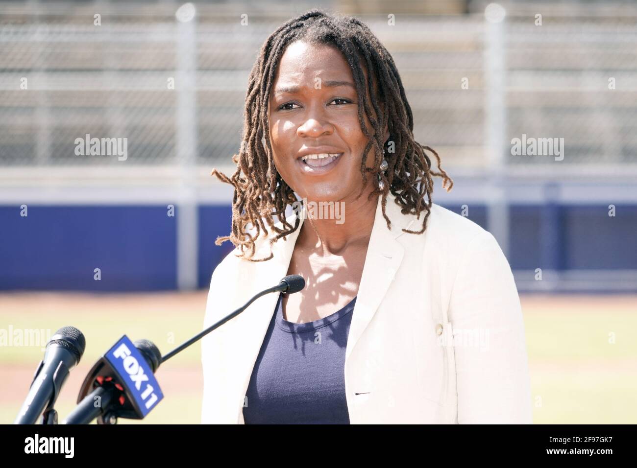 Ayo Robinson speaks at a Los Angeles Dodgers Foundation Dreamfields ...