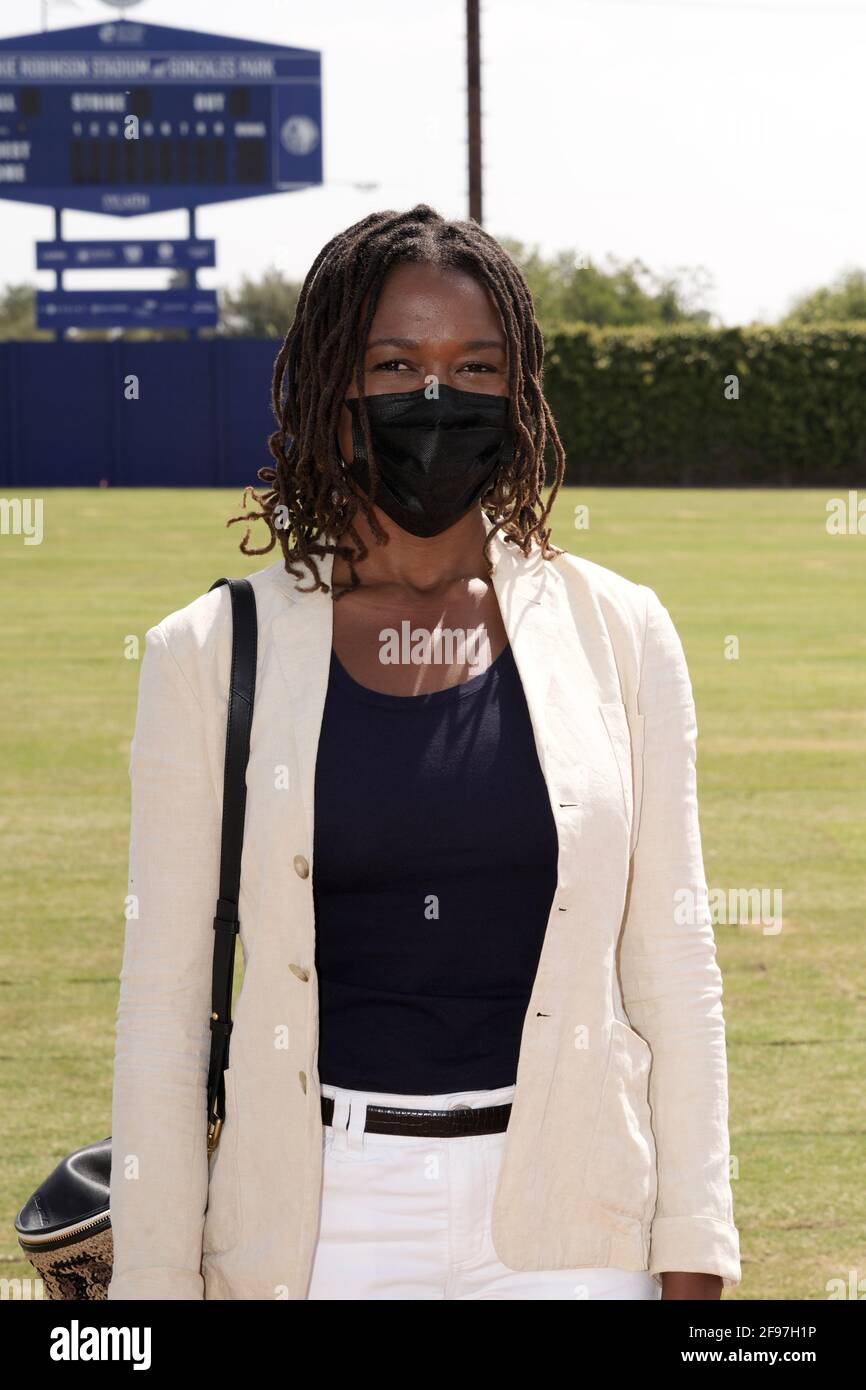Ayo Robinson poses with face mask at a Los Angeles Dodgers Foundation ...