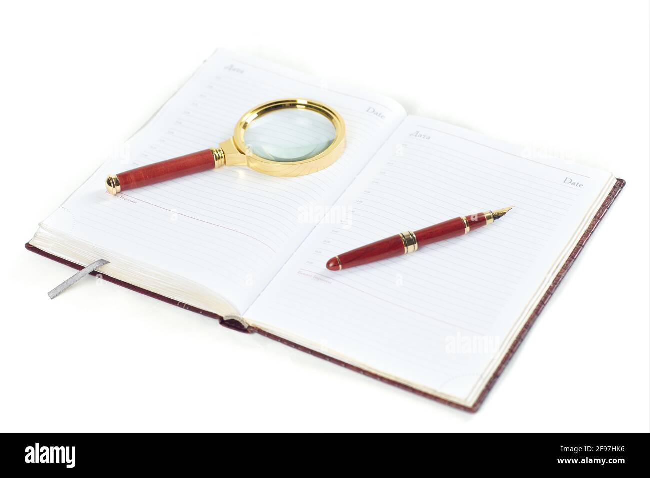 Magnifier pen fountain pen notepad for writing isolated on white ...