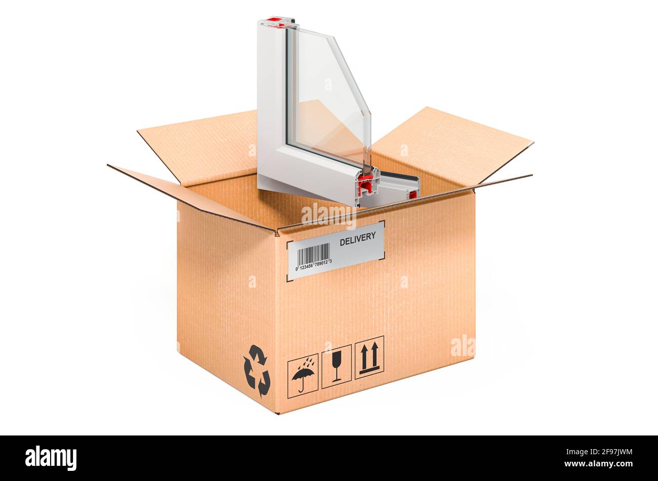 Plastic window profile inside cardboard box, delivery concept. 3D ...