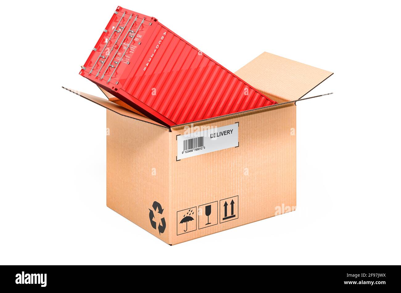 Cargo container inside cardboard box, delivery concept. 3D rendering ...