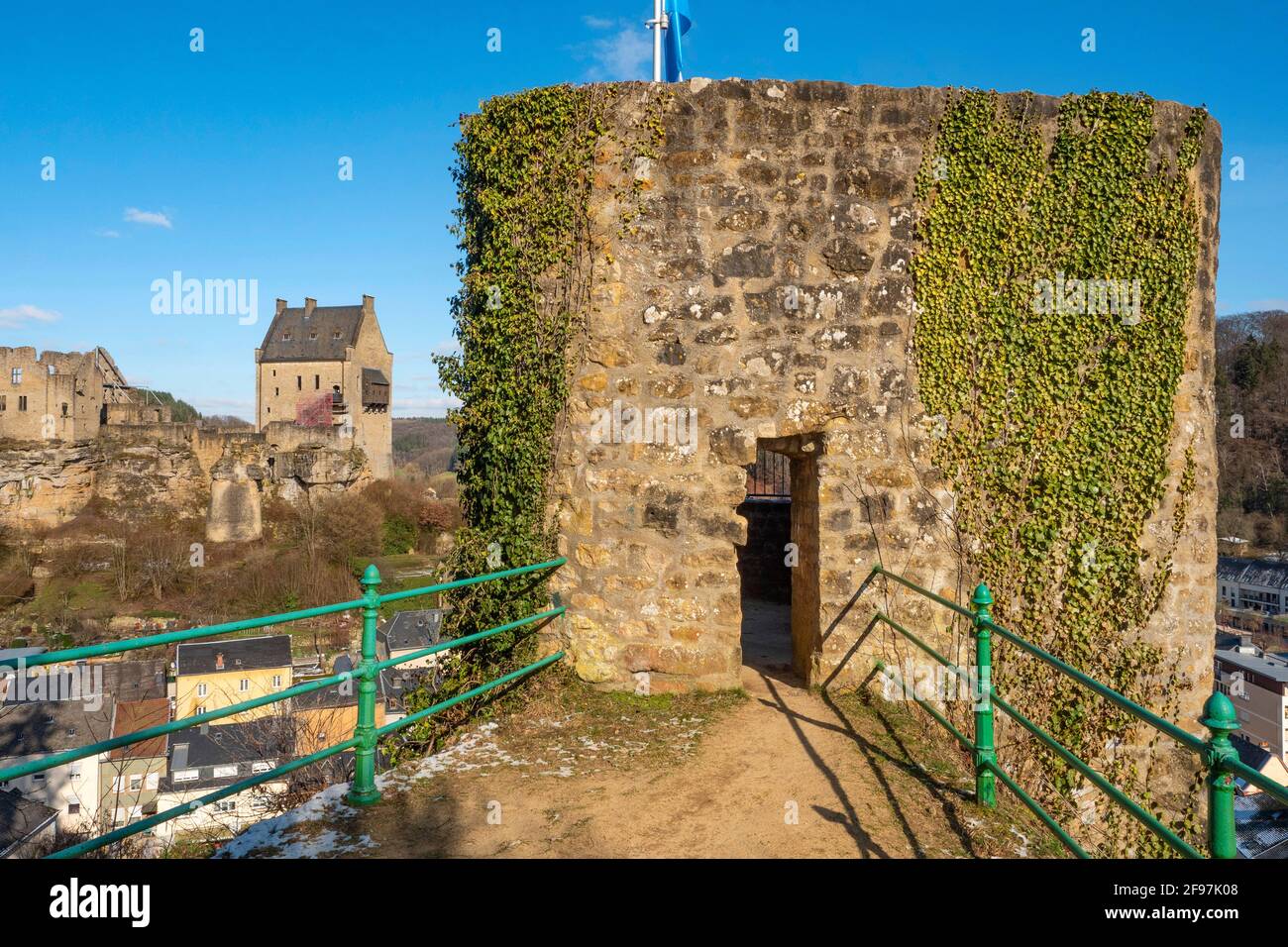View of Burg Fels in Larochette in the valley of the white Ernz, Canton ...