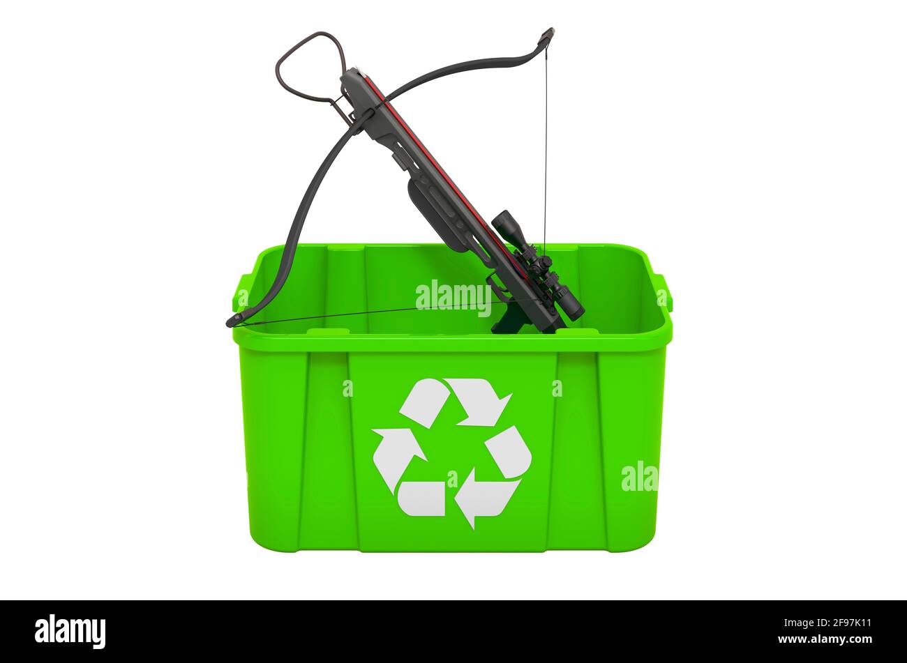 Recycling trashcan with crossbow. 3D rendering isolated on white ...