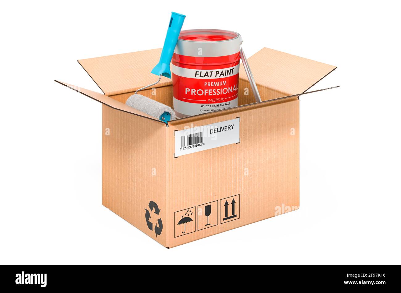 Paint can and brush inside cardboard box, delivery concept. 3D ...