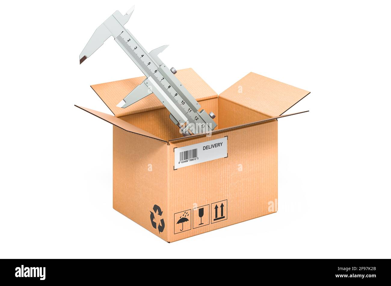 Vernier caliper inside cardboard box, delivery concept. 3D rendering ...