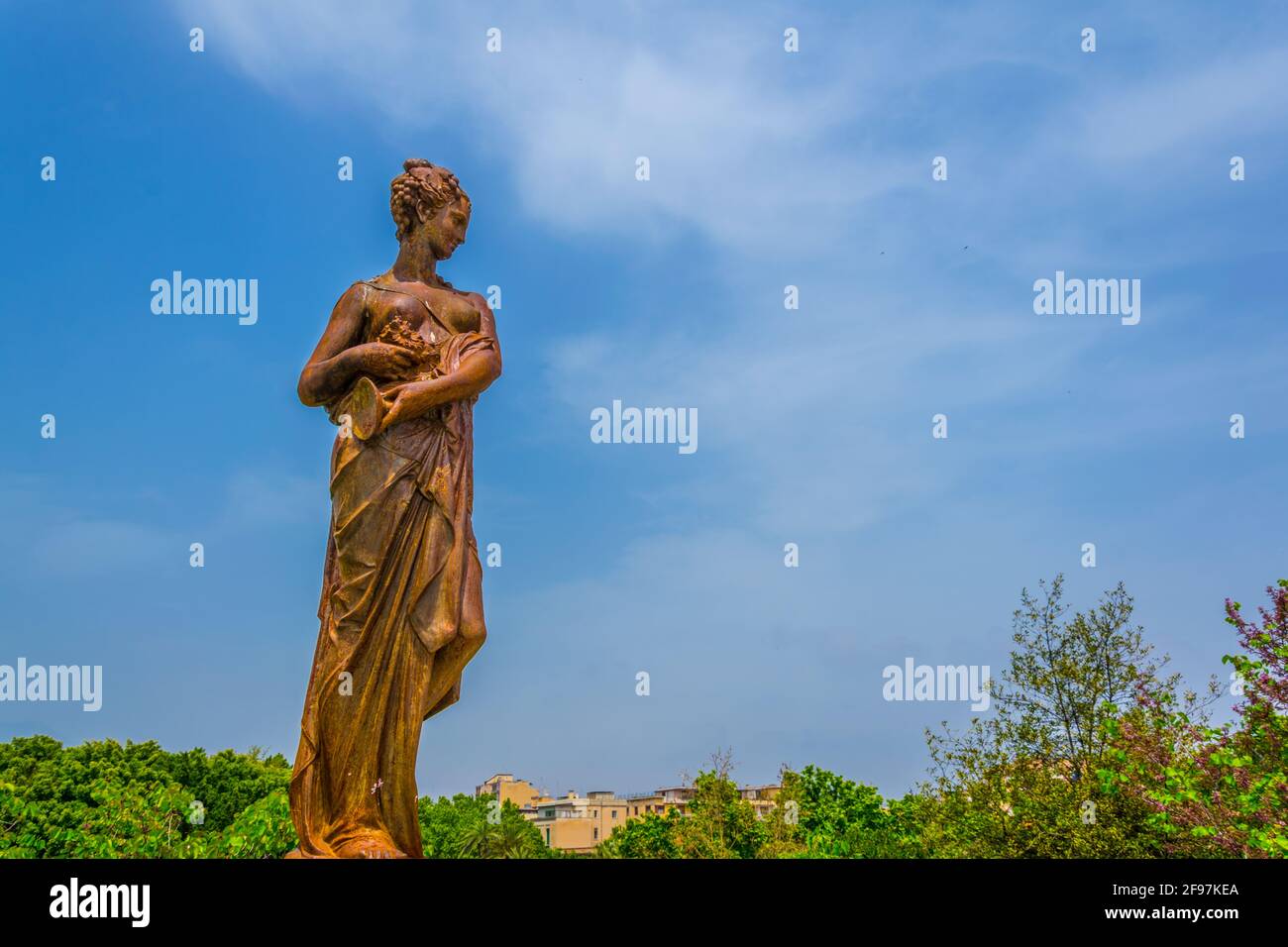 View of a statue in the Bellini garden park in Catania, Sicily, Italy ...