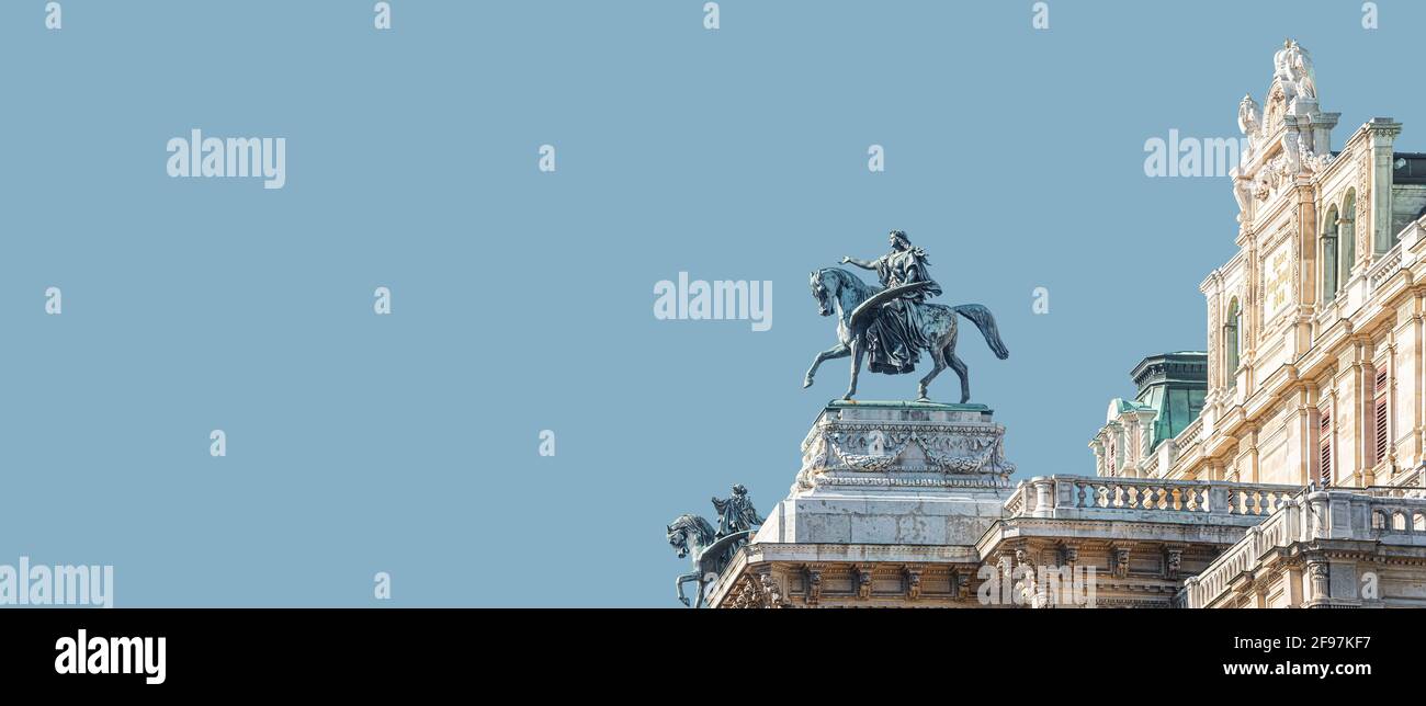 Banner with top roof sculpture of Greek goddess Muse riding Pegasus, a ...