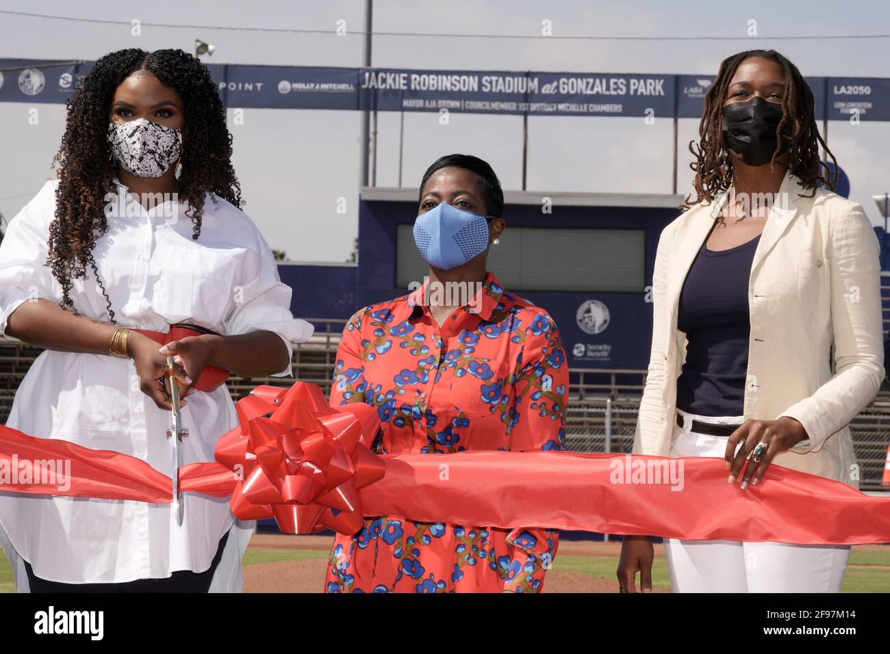 City of Compton mayor Aja Brown (left), Los Angeles Dodgers Foundation ...