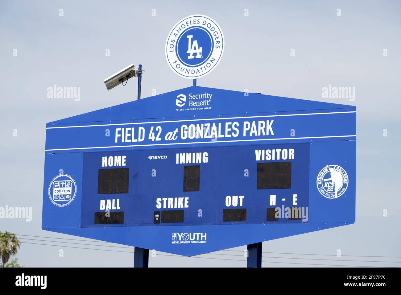 A general view of scoreboard at Field 42 at Los Angeles Dodgers ...