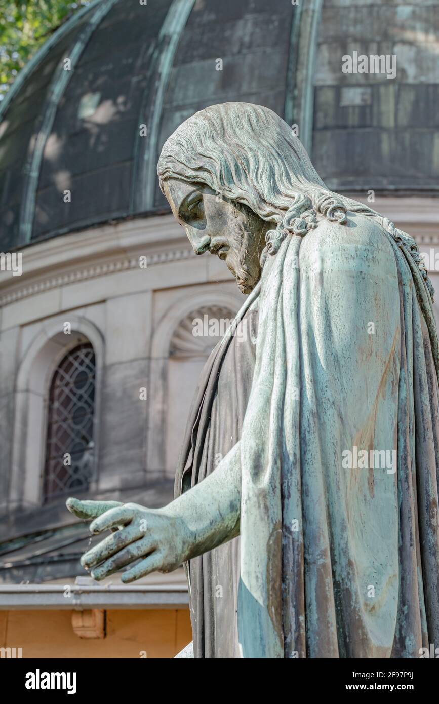 Old statue of Jesus Christ with open arms at the ancient church called ...
