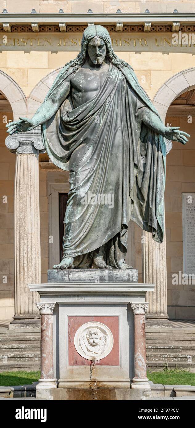 Old statue of Jesus Christ with open arms at the ancient church called ...