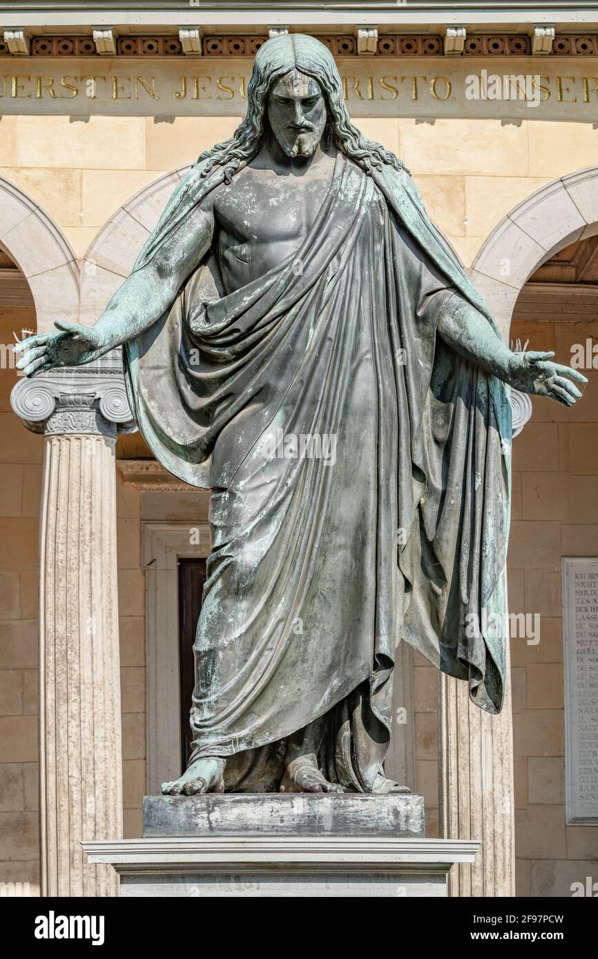 Old statue of Jesus Christ with open arms at the ancient church called ...