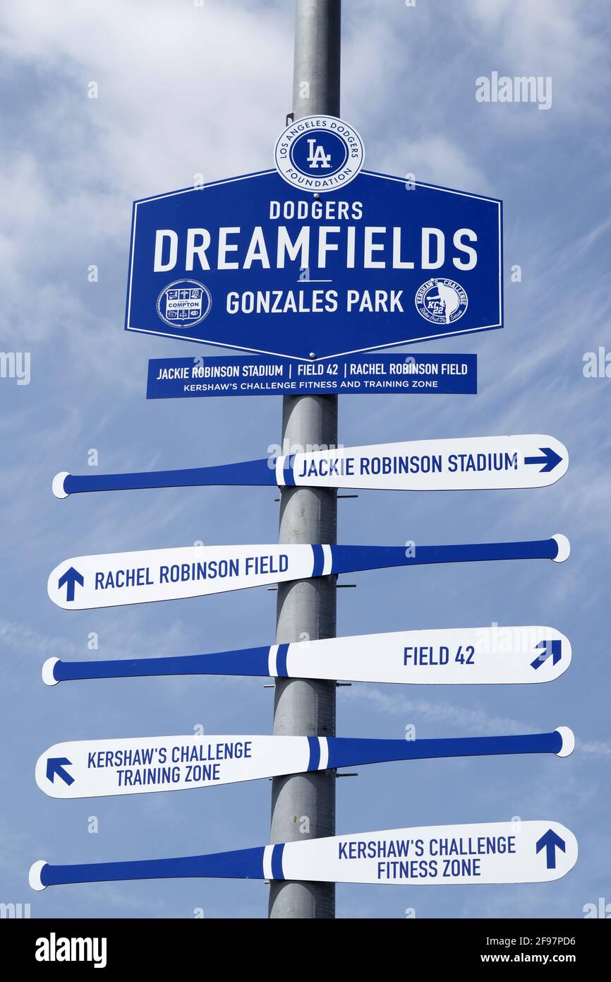 Los Angeles Dodgers Dreamfields sign at a ribbon-cutting ceremony at ...
