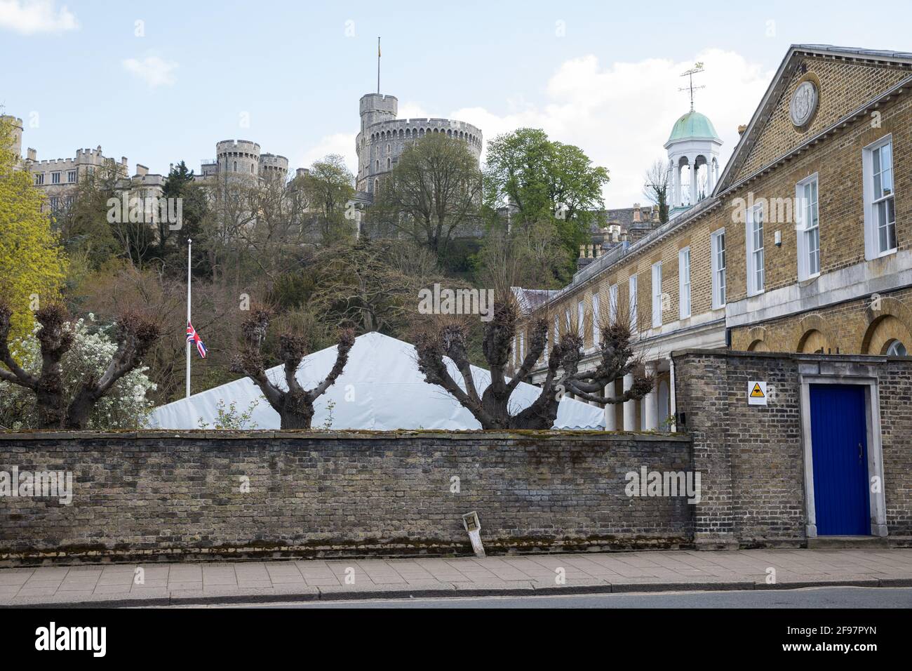 Windsor, UK. 16th April, 2021. A Union Jack flying at half mast in the ...