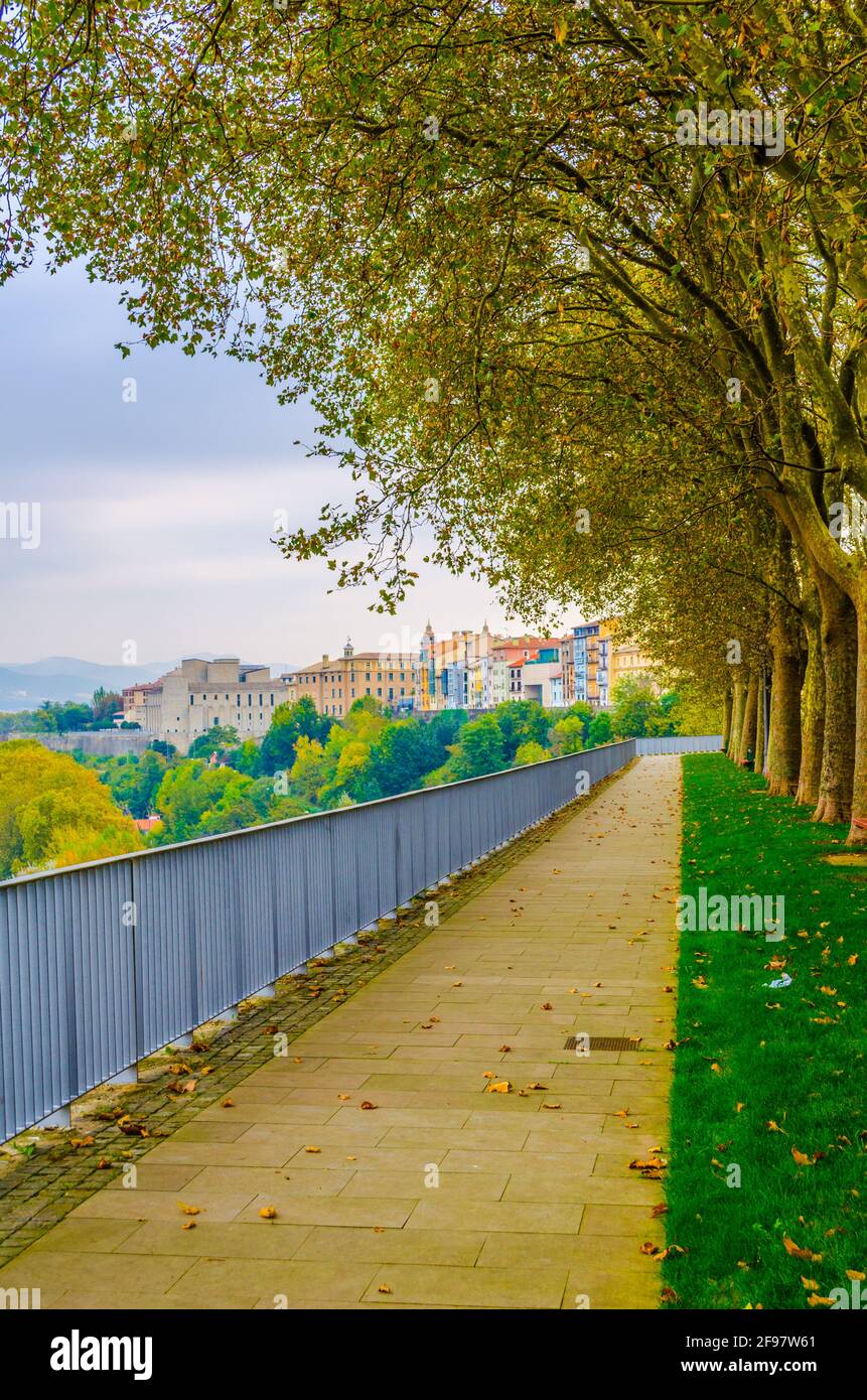 View of an alley with a viewpoint over Pamplona on its edge, spain ...