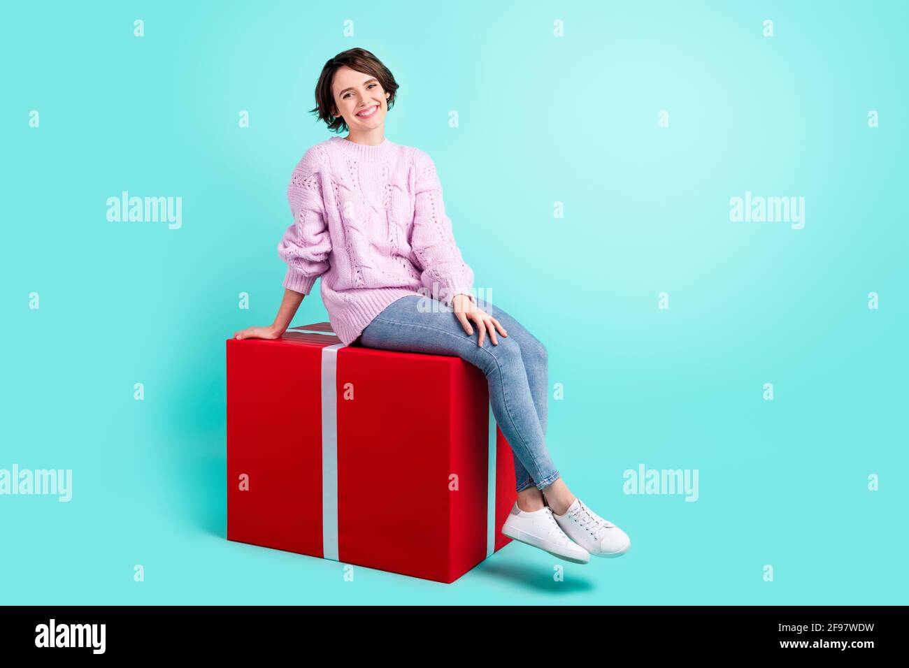 Full length photo of sweet charming young lady dressed purple pullover ...