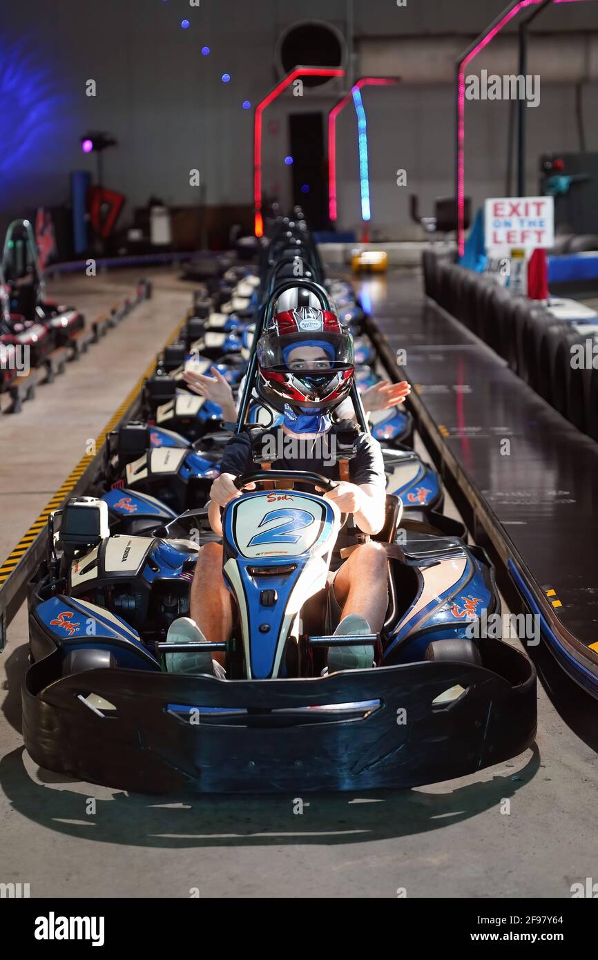 Mackay, Queensland, Australia - April 2021: Man go-kart driver lined up ...